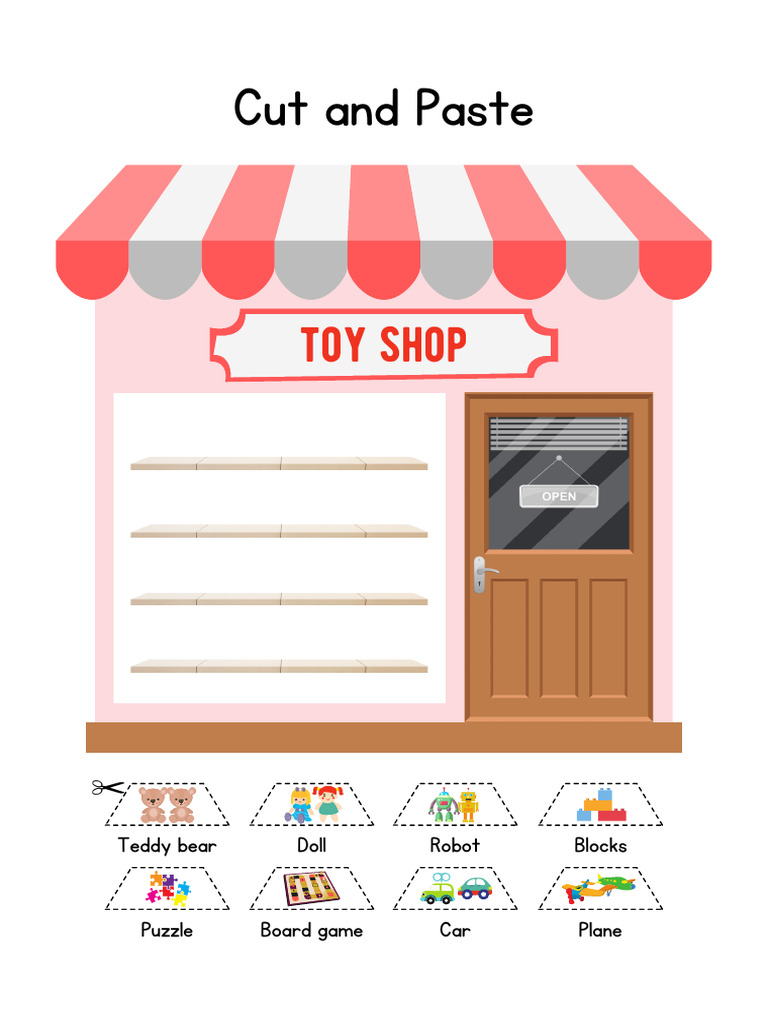 Toy Shop - Cut and Paste Activity Worksheet | PDF