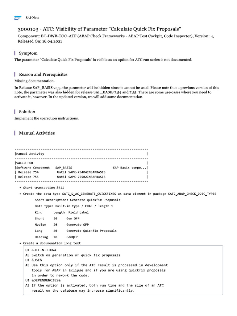 Note 3000103 ATC Visibility of Parameter Calculate Quick Fix Proposals ...