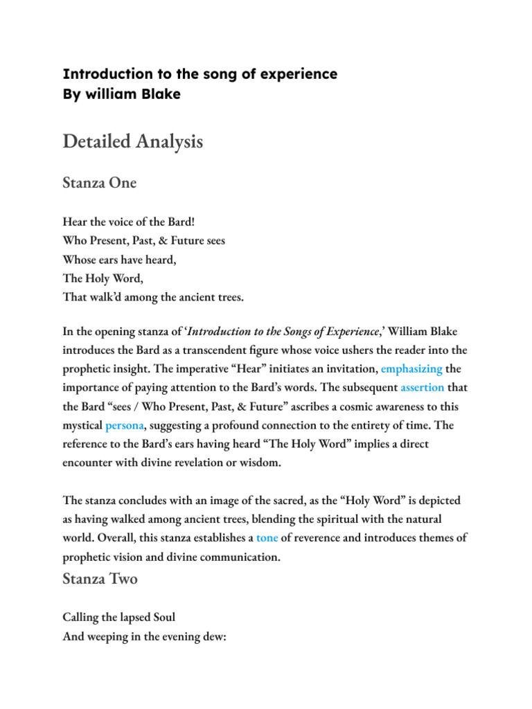 Introduction To The Song of Experience | PDF | William Blake ...