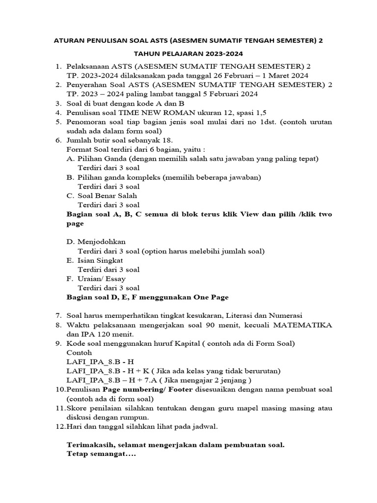 Aturan Penulisan Soal Asts 2 Tp. 2023-2024-1 | PDF