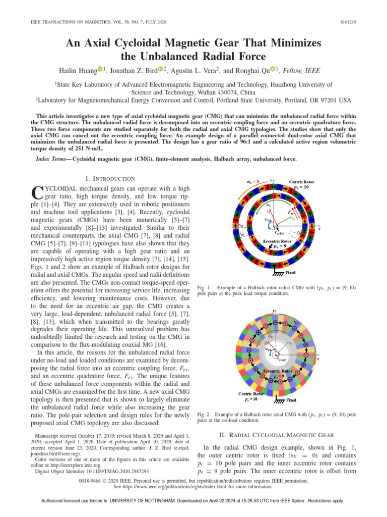 An Axial Cycloidal Magnetic Gear That Minimizes The Unbalanced Radial ...