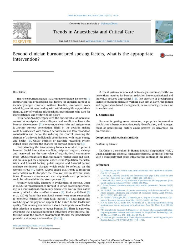 Omar 2017 - Letter To The Editor | PDF | Occupational Burnout ...