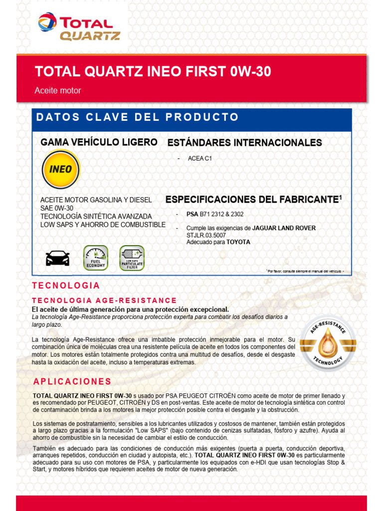 Total Quartz Ineo First 0w30 Esp 2020 | PDF | Lubricante | Aceite de motor