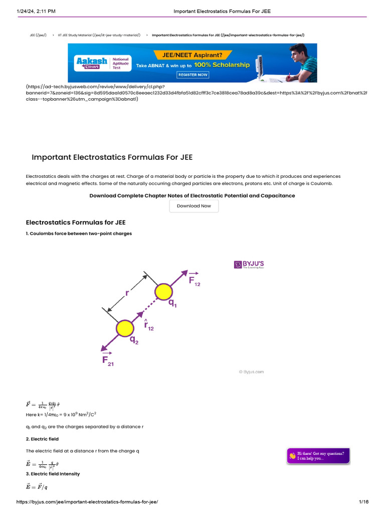 Important Electrostatics Formulas For JEE | PDF | Electrostatics ...