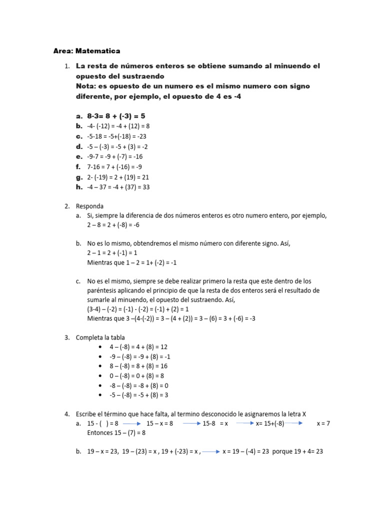 Matematica Tarea | PDF | Sustracción | Entero