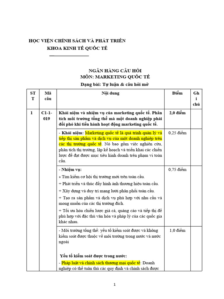 Marketing Quoc Te - Cau Hoi Tu Luan Ngan Hang de | PDF
