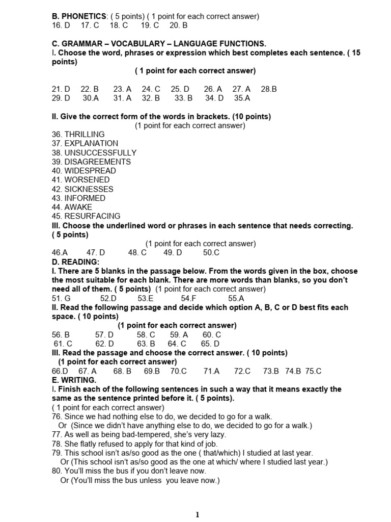 English Test Answer Key | PDF