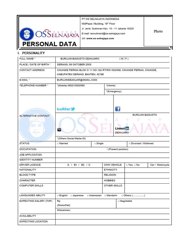 Personal Data Form Pt Selnajaya Prima Pdf 9848