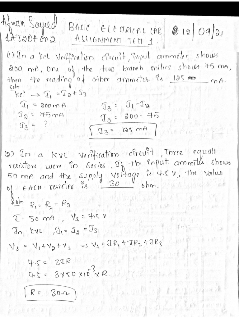 Basic Electrical Lab 1 Assignment | PDF