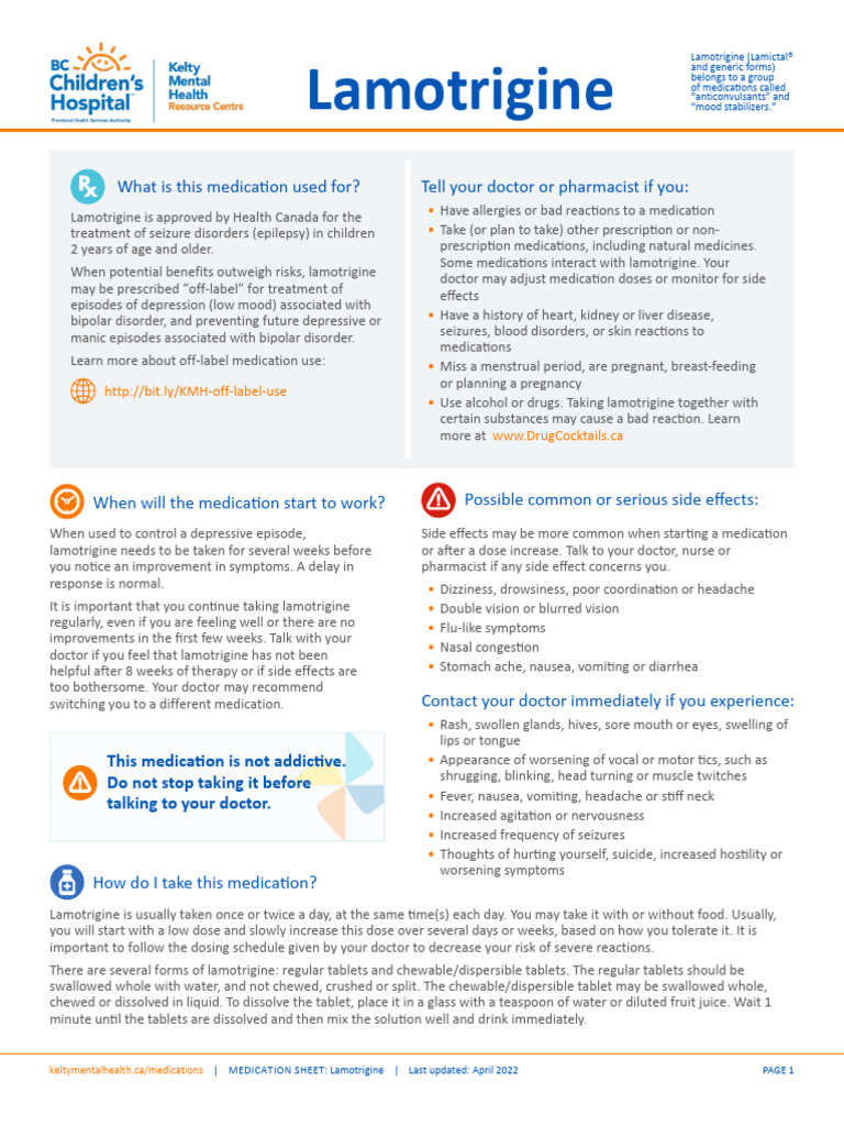 Lamotrigine MedicationSheet2022 | PDF | Bipolar Disorder | Mood Disorders