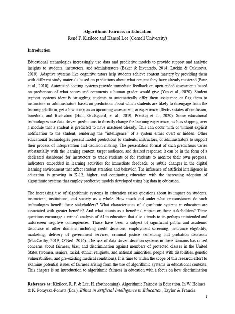 Ethics of AIED - Algorithmic Fairness in Education | PDF | Prediction ... Ethics of AIED - Algorithmic Fairness in Education | PDF | Prediction ...