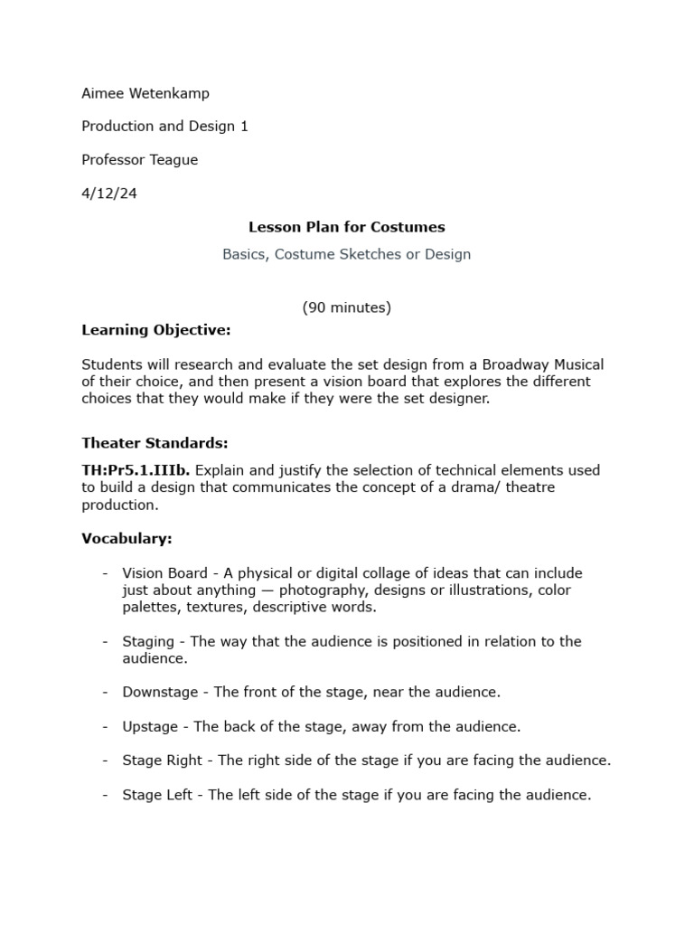 Costume Lesson Plan | PDF | Lesson Plan | Cognition