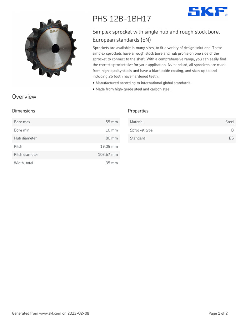 PHS 12B-1BH17: Simplex Sprocket With Single Hub and Rough Stock Bore, European Standards (EN ...