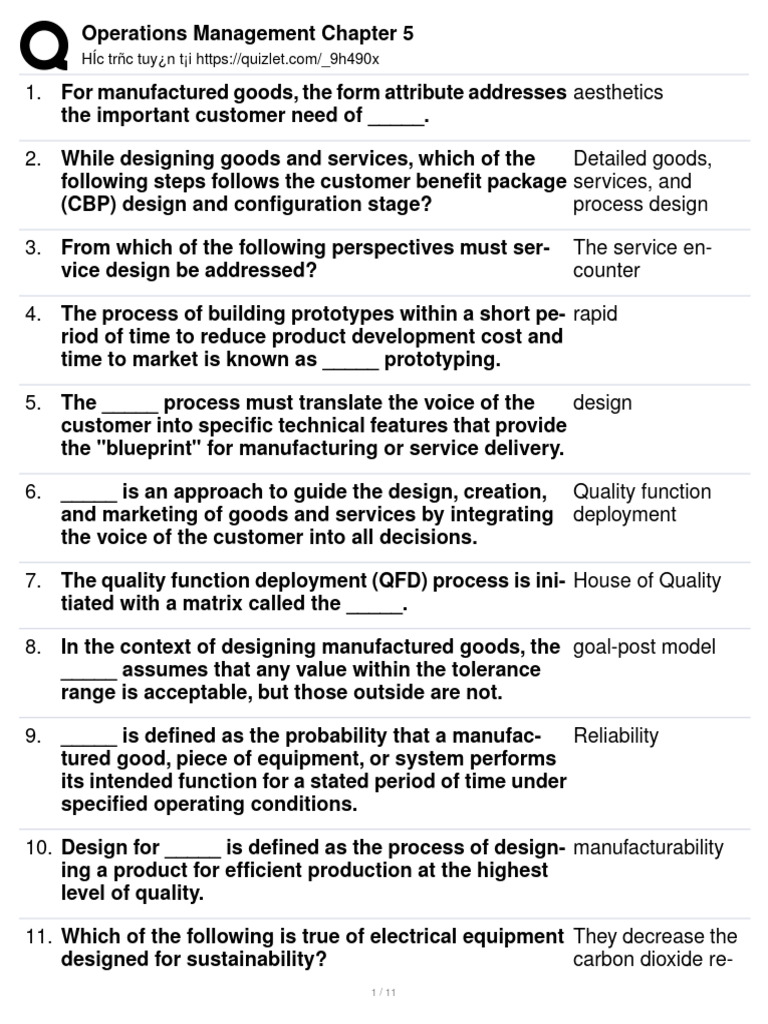 Chapter 5 Quizlet | PDF | Reliability Engineering | Operations Management
