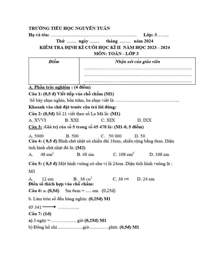 3a1 - Đề Toán Ôn Tập Kì 2 | PDF