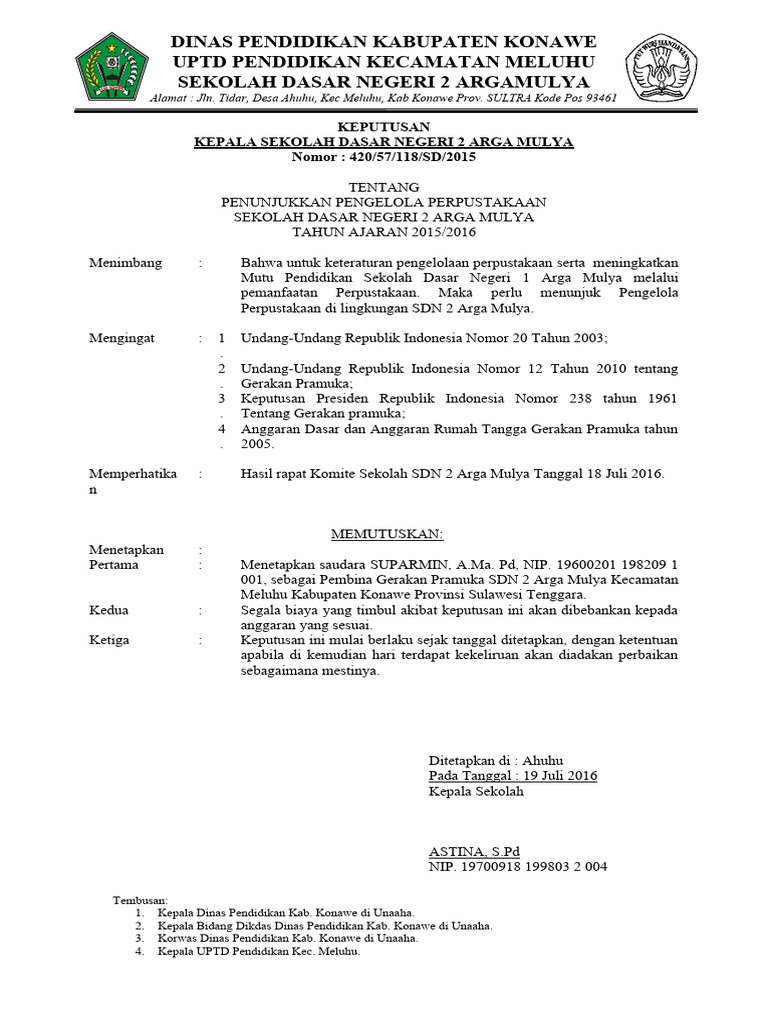 SK Pengelola Perpustakaan SDN 2 Arga Mulya | PDF