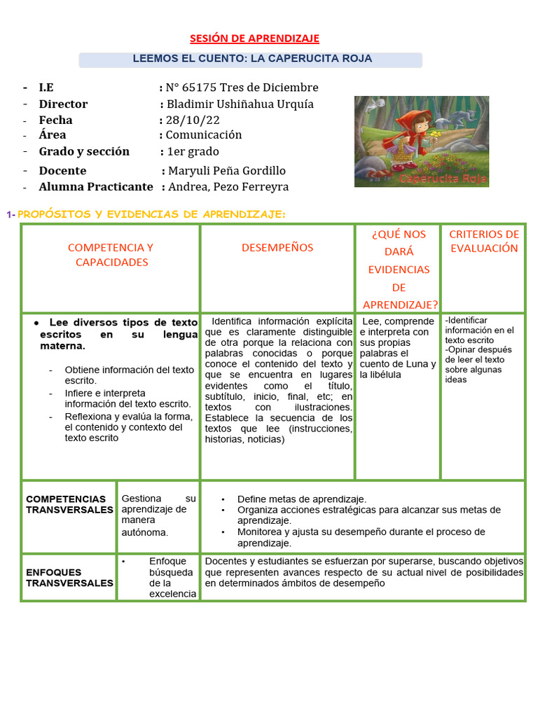 Sesión de Lectura: Caperucita Roja | PDF | Aprendizaje | Evaluación