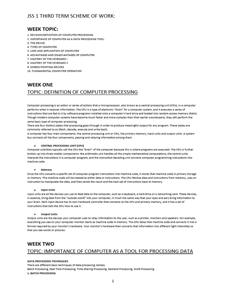JSS 1 Third Term Scheme of Work | PDF | Booting | Central Processing Unit