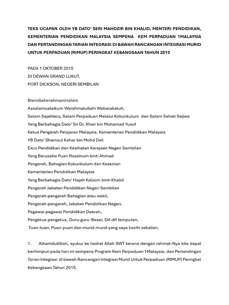 TEKS UCAPAN OLEH YB DATO’ SERI MAHDZIR BIN KHALID, MENTERI PENDIDIKAN ...