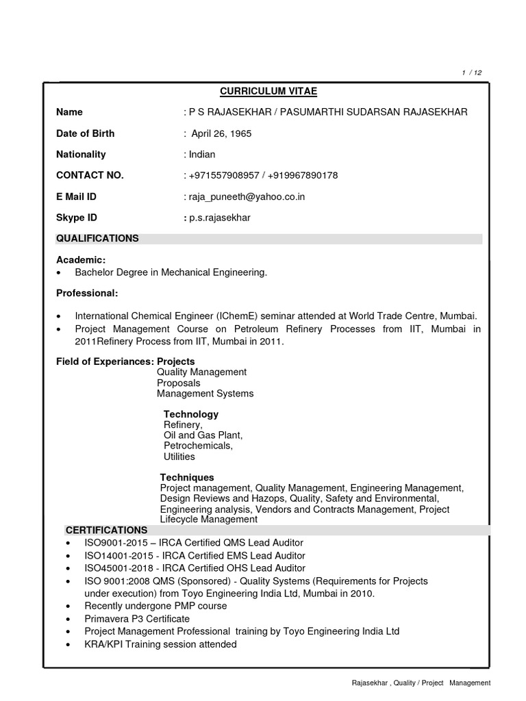 CV Rajasekhar QA QC Manager | PDF | Audit | Project Management