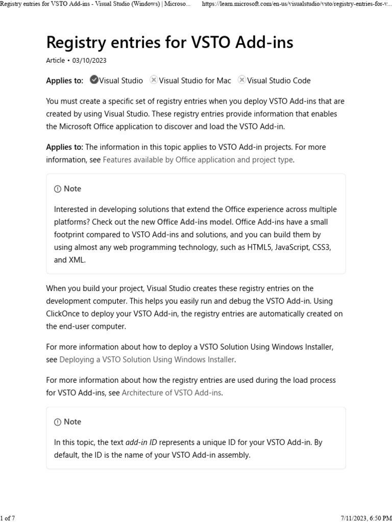 Registry Entries For VSTO Add-Ins - Visual Studio (Windows) - Microsoft Learn | PDF | Windows ...