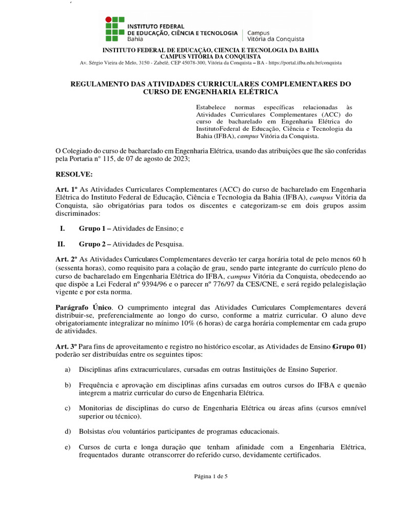Norma ACC Eng. Eletrica IFBA VCA Aprovada 08-08-231 | PDF | Engenharia | Engenharia Elétrica