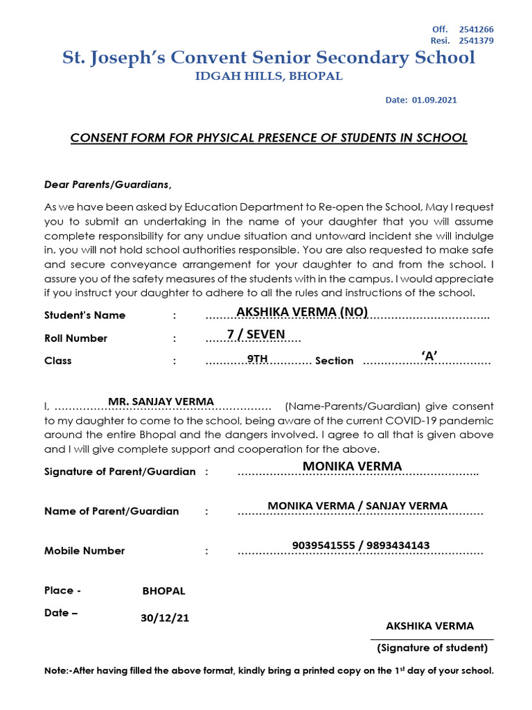Consent Form For Physical Presence of Students | PDF