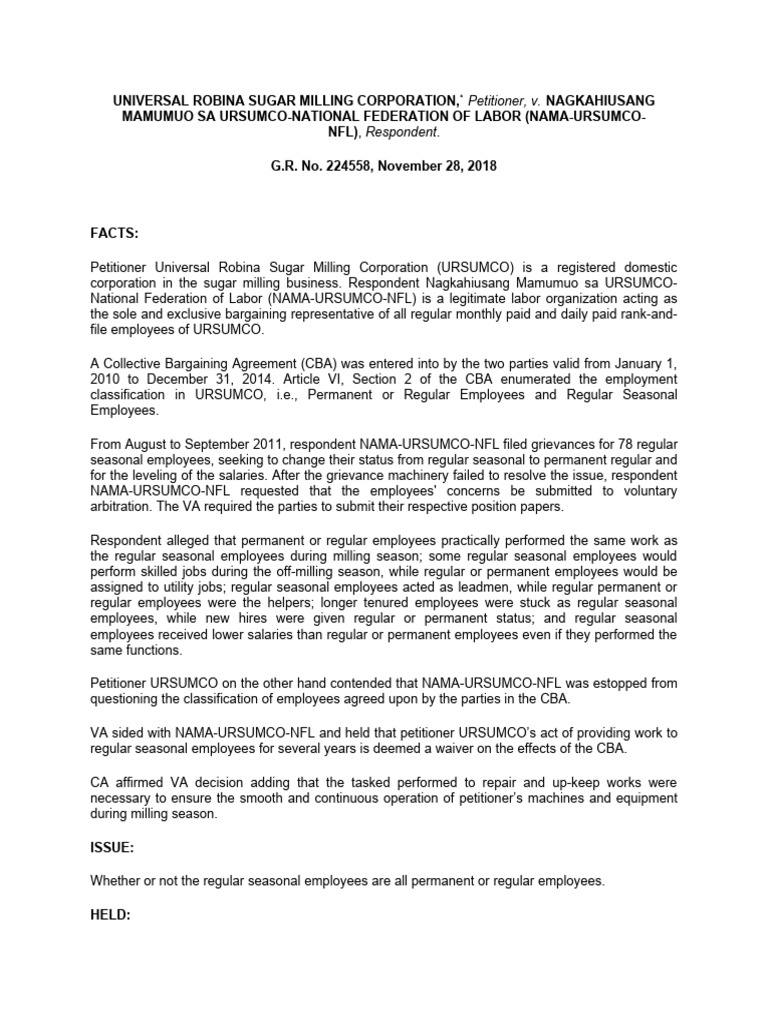 Universal Robina Sugar Milling Vs NAMA-URSUMCO-NFL CASE DIGEST PDF ...