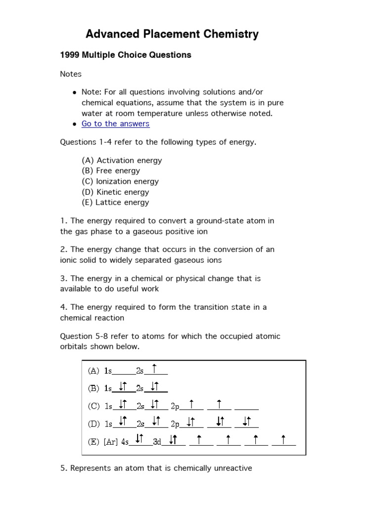 1999 AP Chemistry Exam Questions | PDF | Chemistry | Atoms