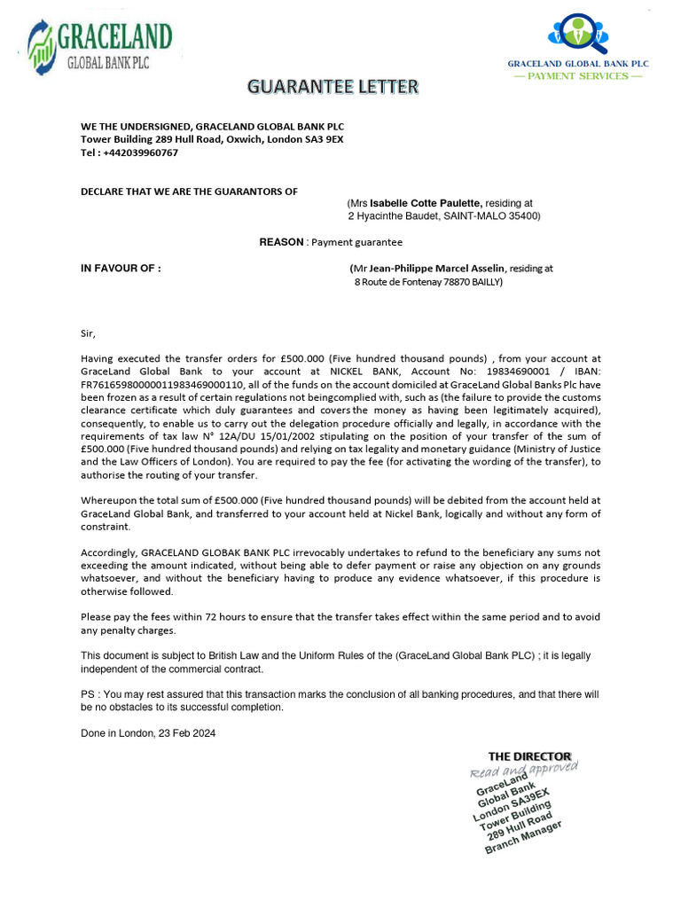 Graceland Bank Payment Guarantee Document | PDF | Banks | Payments