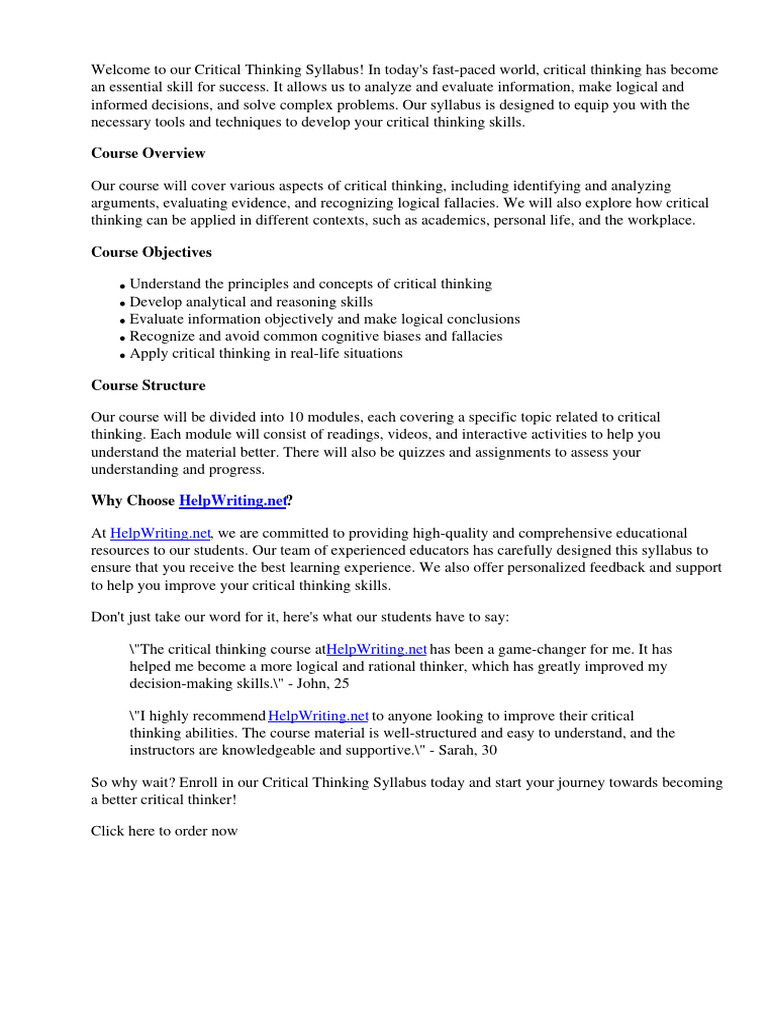 Critical Thinking Syllabus | PDF | Thought | Critical Thinking
