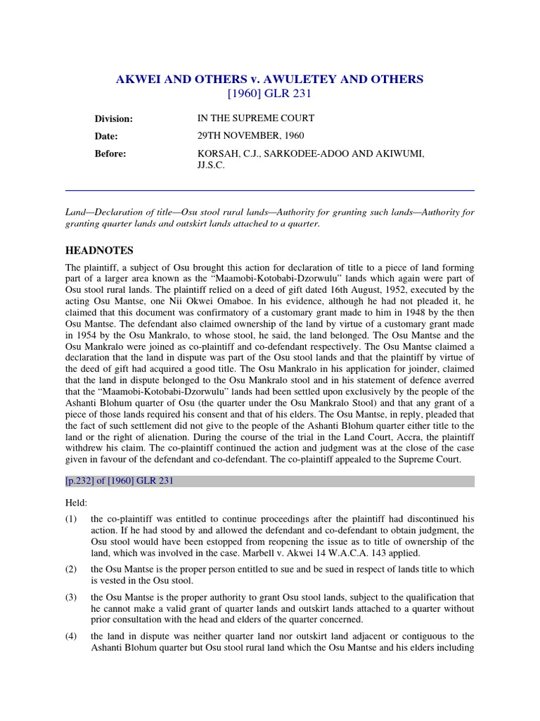 AKWEI AND OTHERS v. AWULETEY AND OTHERS | PDF | Lawsuit | Judgment (Law)