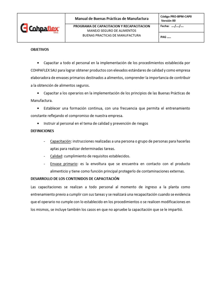 Programa de Contenidos de Capacitacion Bpm-Inocuidad | PDF | Seguridad alimenticia | Alimentos