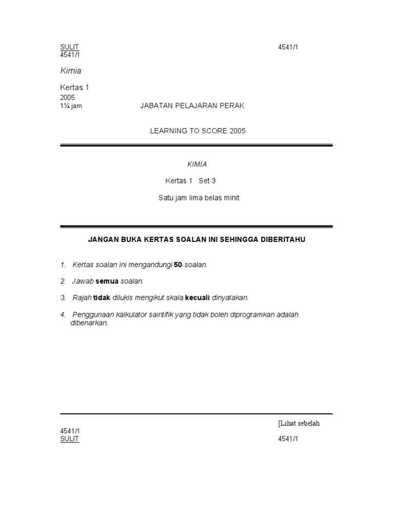 Kimia SPM Kimia k1 Set 3 | PDF