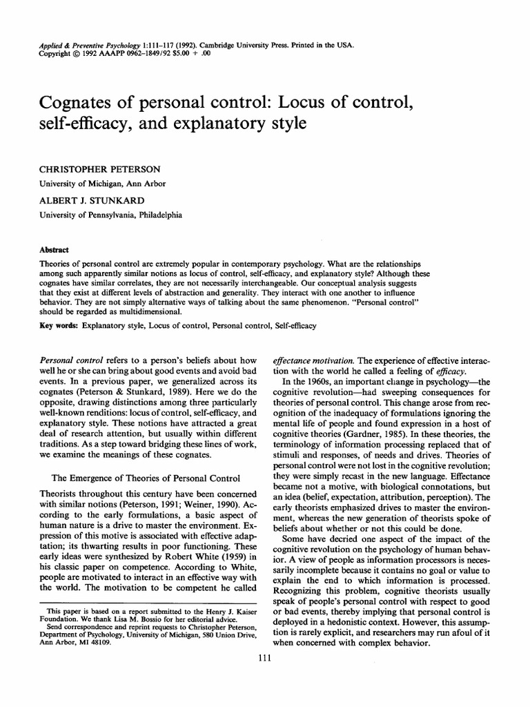 Peterson 1992 | PDF | Self Efficacy | Psychology