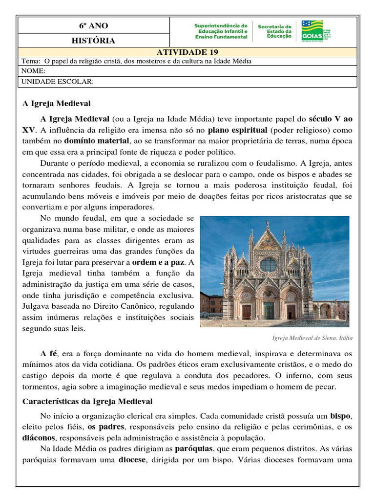 Atividade 19 6o HIS O Papel Da Religiao Crista Dos Mosteiros e Da Cultura Na Idade Media | PDF ...
