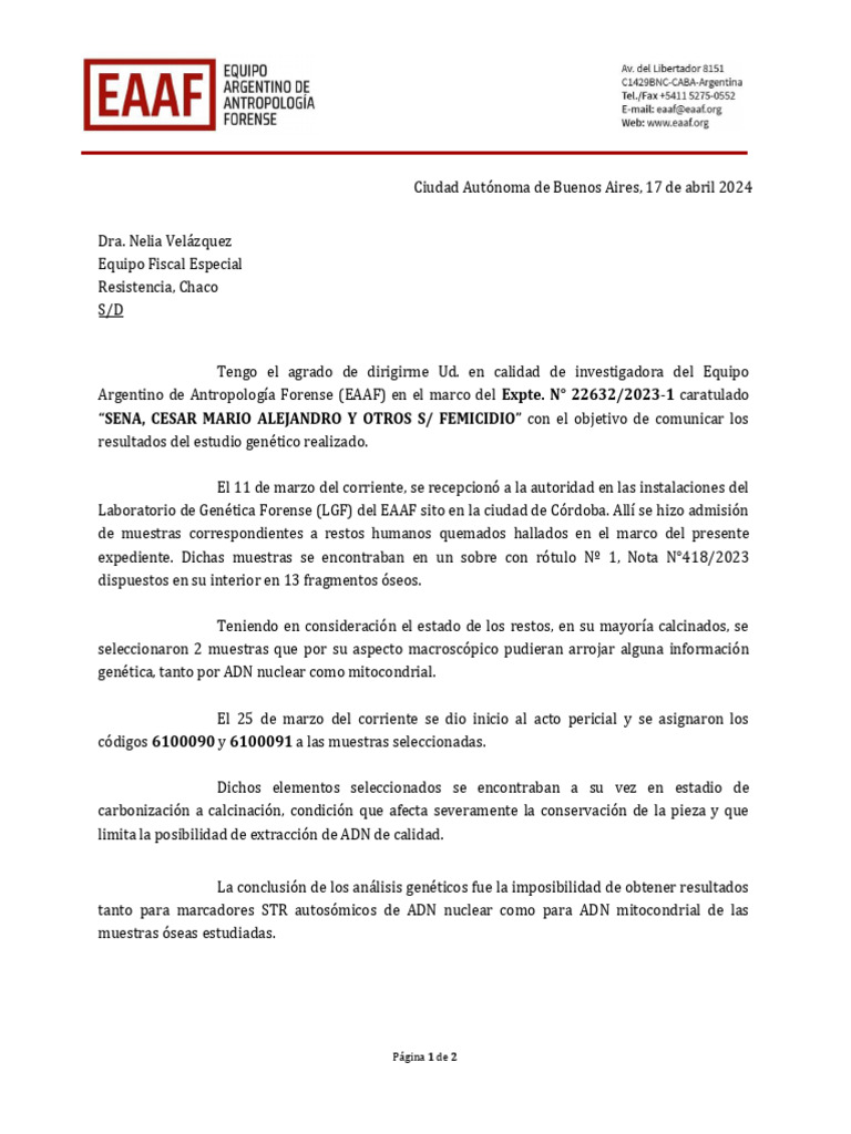 Informe Del Laboratorio de Genética Forense EAAF | PDF | Adn ...