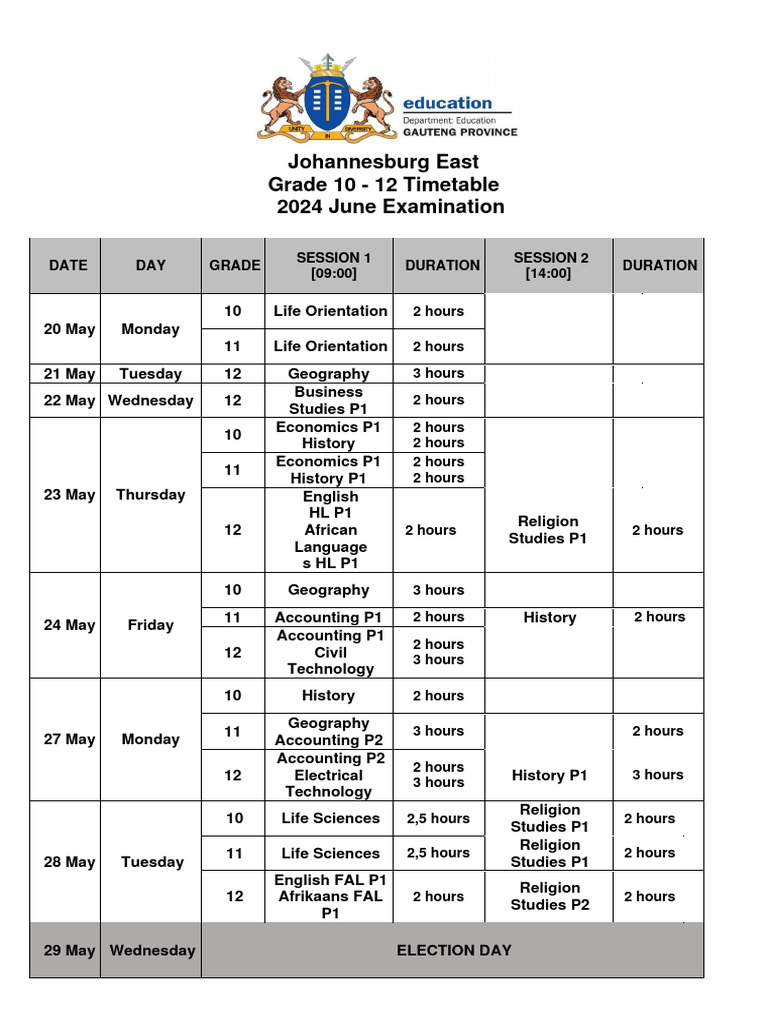 June 2024 Exam Timetable for Grades 10-12 | PDF