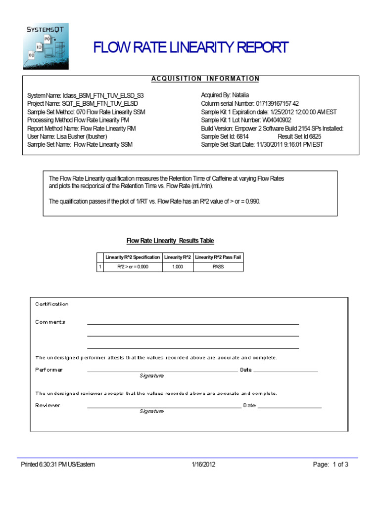 Flow Rate Linearity Report | PDF