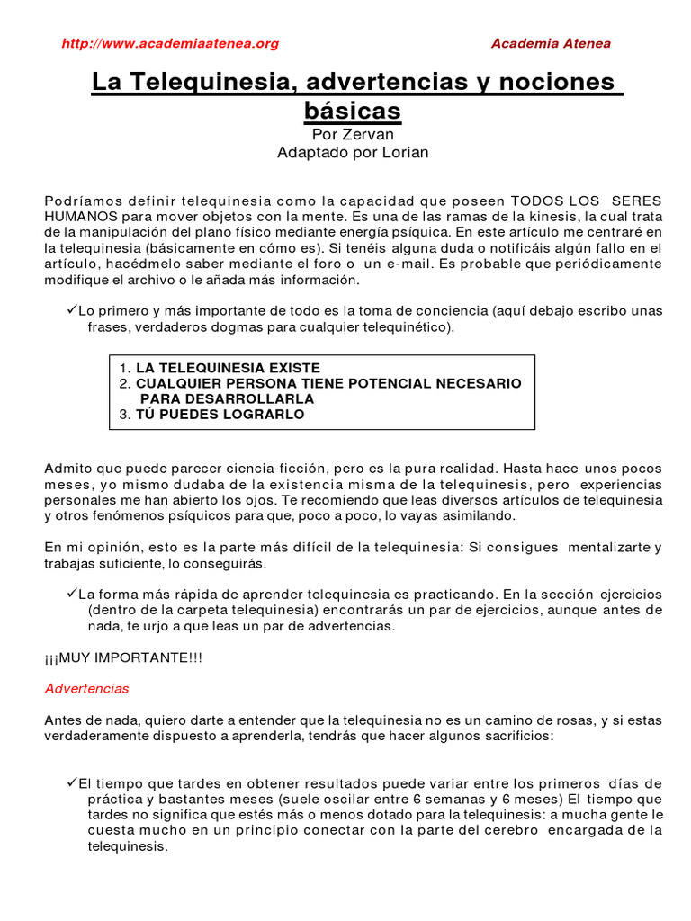 La Telequinesia, Advertencias y Nociones Basicas | PDF | Relaciones ...