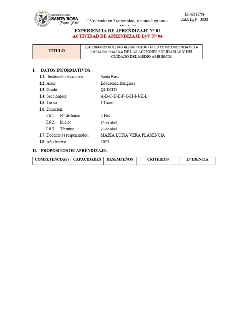 ACTIVIDAD DE APRENDIZAJE LyV 04 EXP. 01 - QUINTO | PDF | Aprendizaje