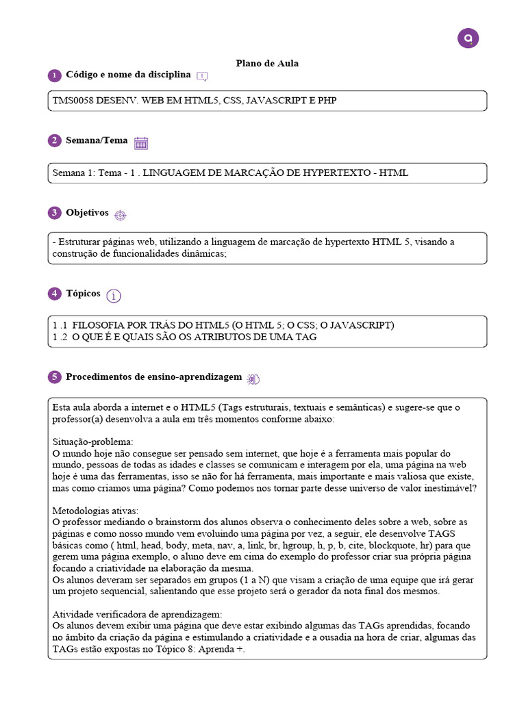 TMS0058 Plano de Aula | Download grátis PDF | Script Java | Html
