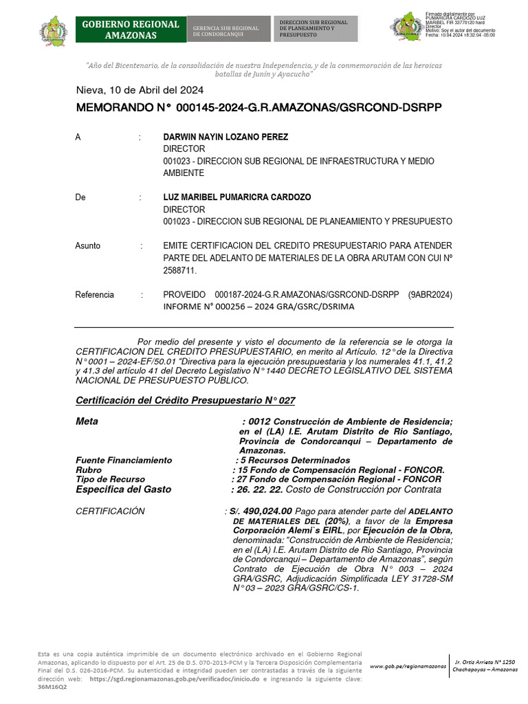 Memorando 000145 2024 Gsrcond DSRPP | PDF | Presupuesto | Negocios económicos
