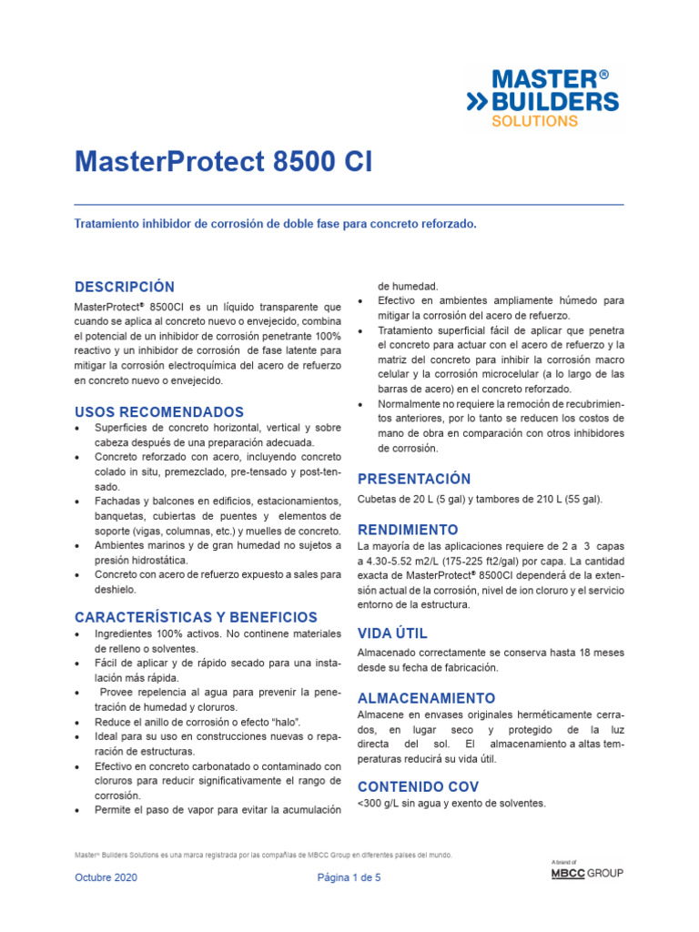 Masterprotect 8500 Ci - Ficha Tecnica | PDF | Corrosión | Hormigón