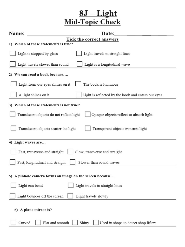 8J - Light - Mid-Topic Check | PDF | Light | Mirror