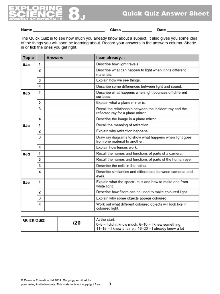 8J - Quick Quiz Answer Sheet | Download Free PDF | Light | Eye