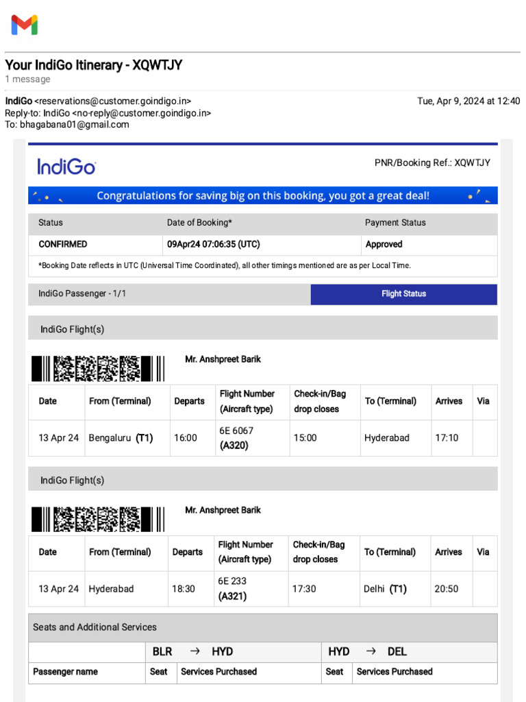 Gmail - Your IndiGo Itinerary - XQWTJY | PDF | Identity Document | Airport