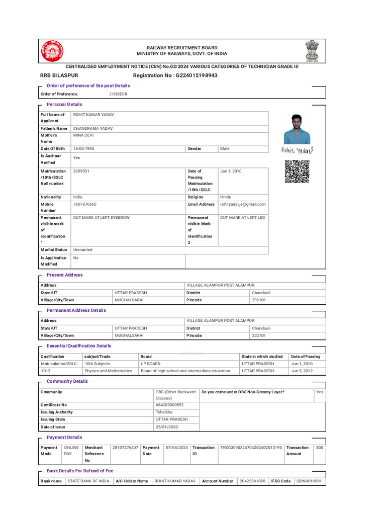 RRB Bilaspur Technician Grade III Application | PDF