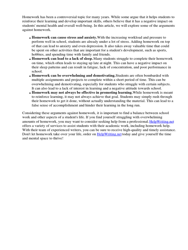 Arguments Against Homework | PDF | Homework | Teachers