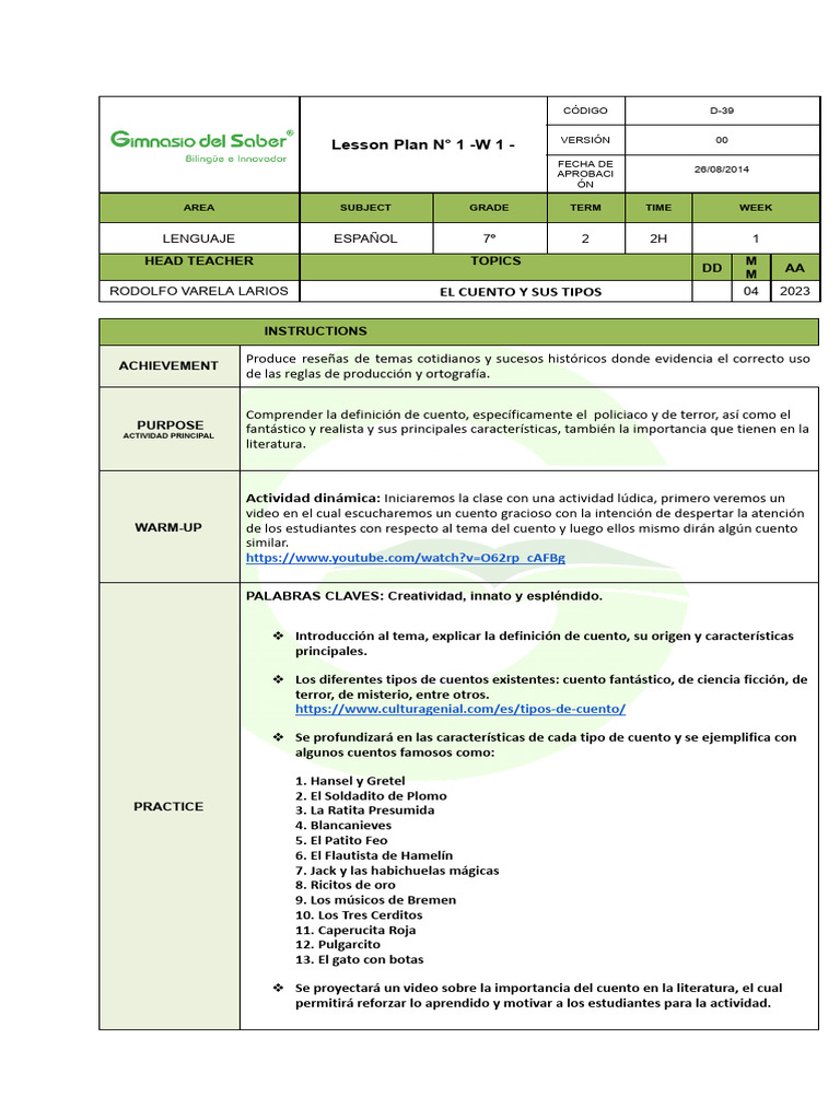 7º PLAN DE CLASE ESPAÑOL, SEMANA 1 PERIODO 2 2023docx | PDF | Cuentos ...